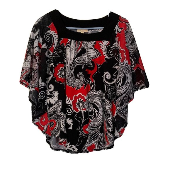 Choices | Tops | Vtg Blouse Red Black Dress Shirt Short Flared Sleeves ...